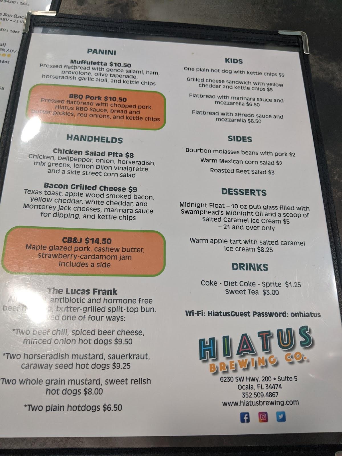 Menu at Hiatus Brewing Company pub & bar, Ocala