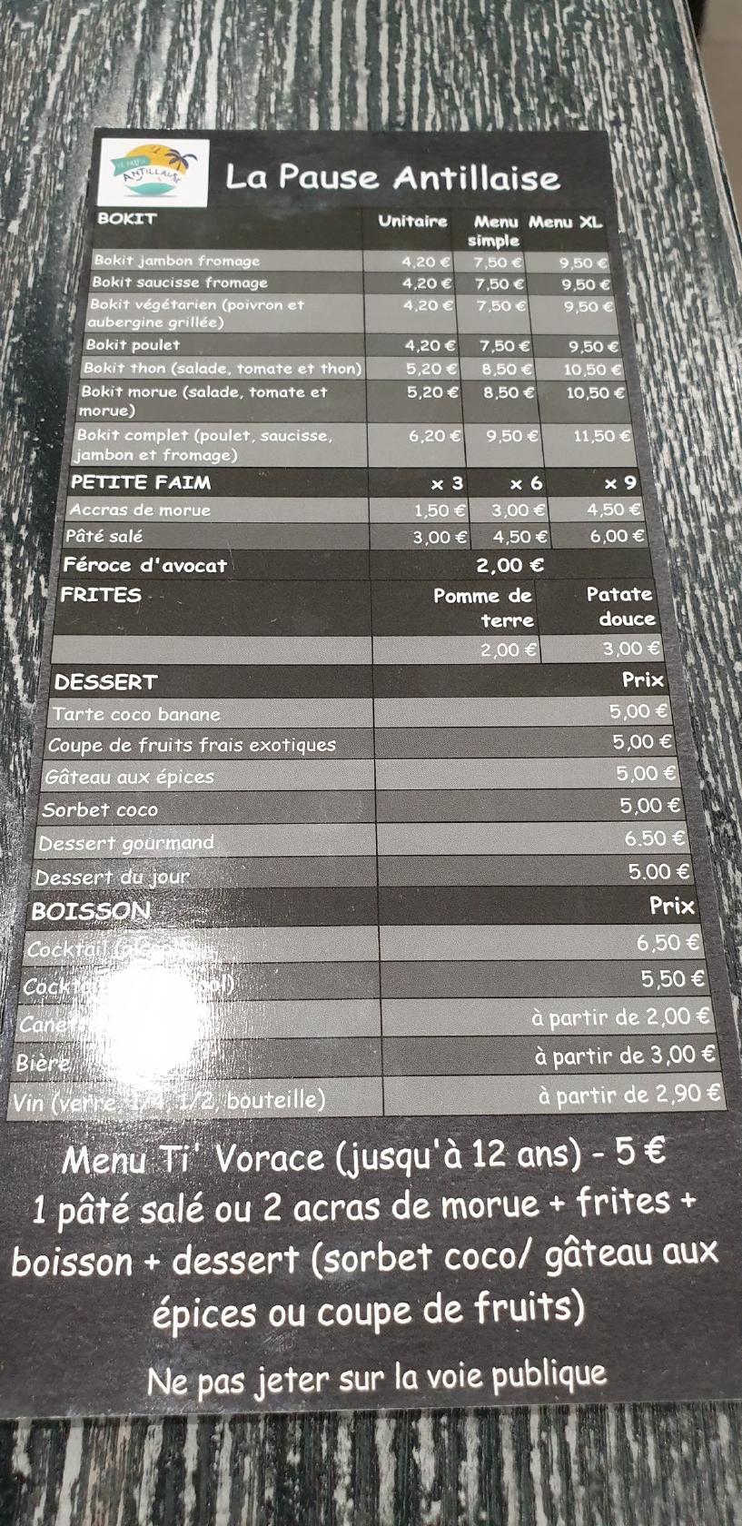 Menu at La Pause Antillaise restaurant, Port-Saint-Louis-du-Rhône