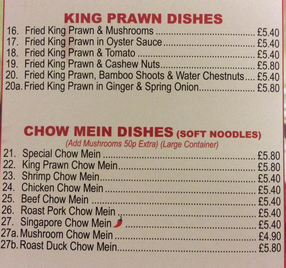 Menu at Mayfair Chinese fast food, Coventry