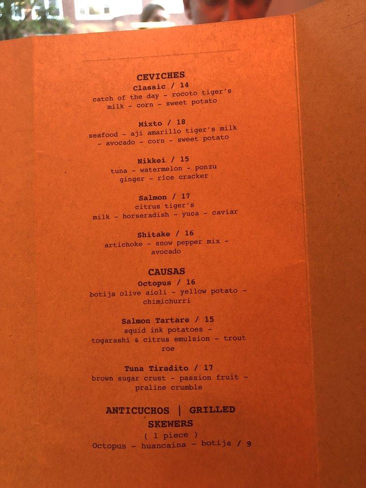 Menu at Mission Ceviche restaurant, New York City, 2nd Ave