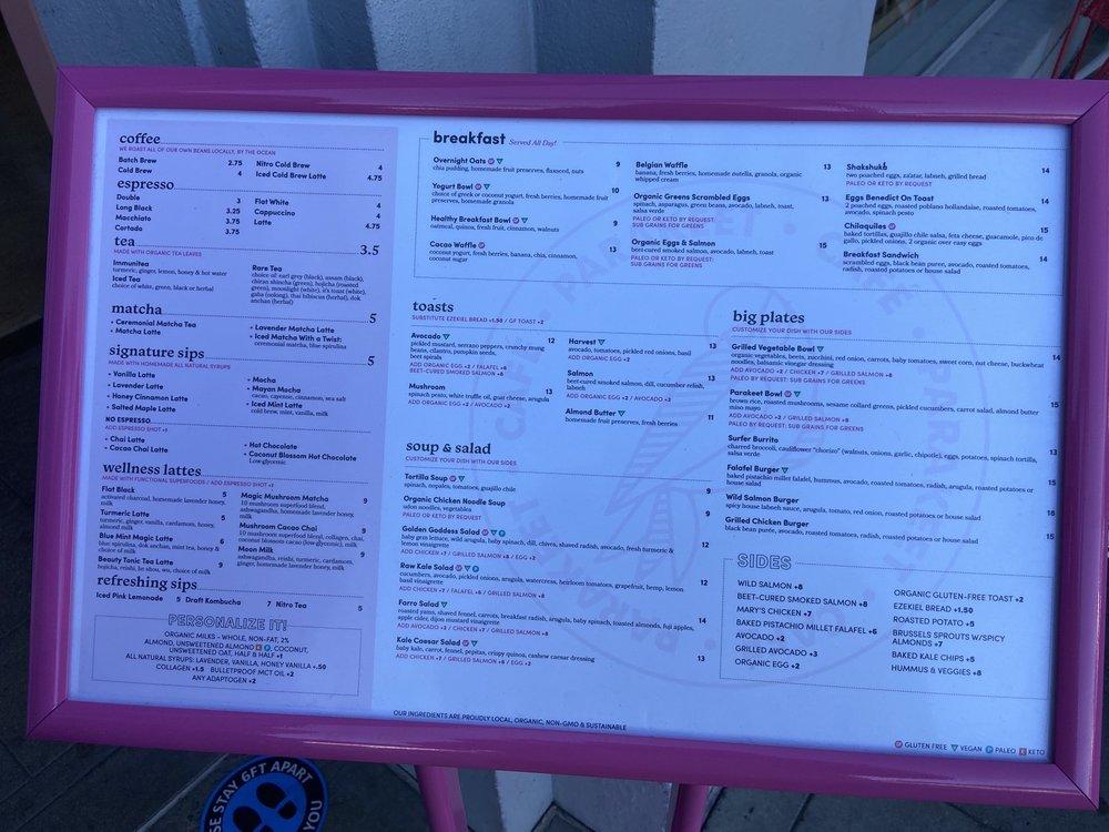 Menu at Parakeet Cafe, Coronado