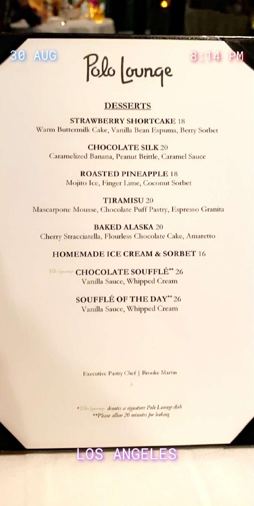 Menu at Polo Lounge restaurant, Beverly Hills