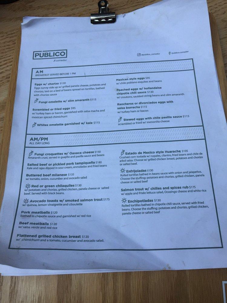 Menu at Público Comedor restaurant, Mexico City