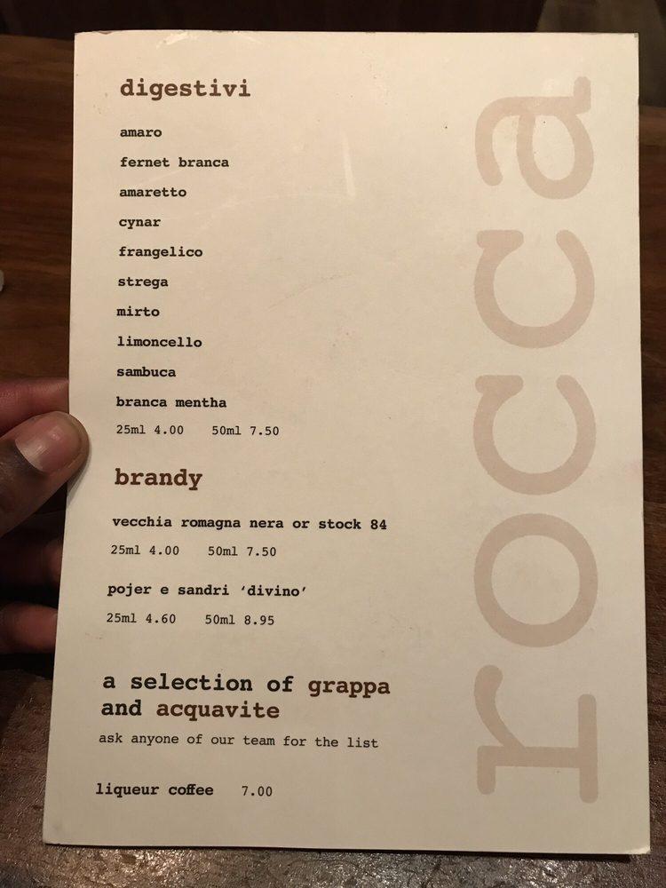 Menu at Rocca restaurant, London, 73 Old Brompton Rd