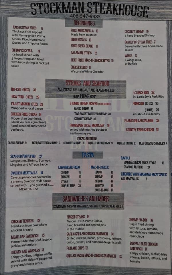 Menu at Stockman Steakhouse, White Sulphur Springs