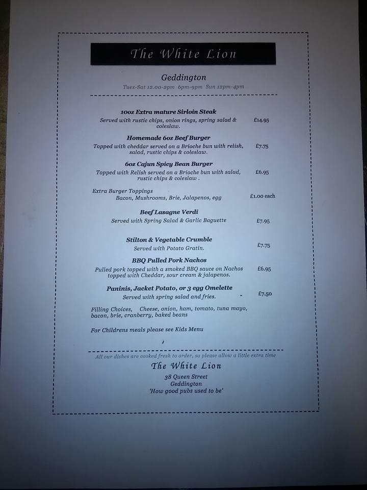 Menu at The White Lion. pub & bar, Kettering