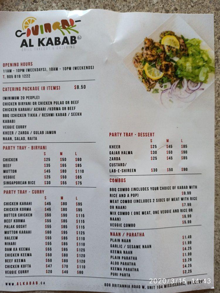 Menu at Al Kabab restaurant, Mississauga