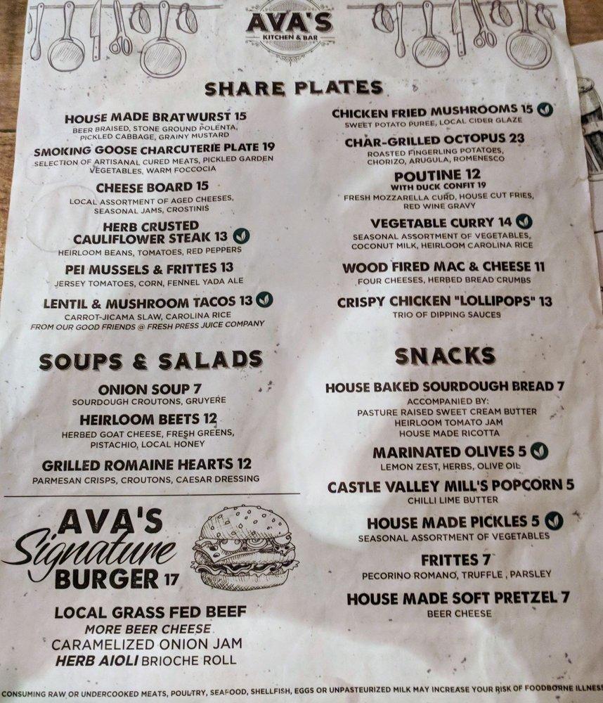 Menu at Ava's Kitchen & Bar, Kenilworth