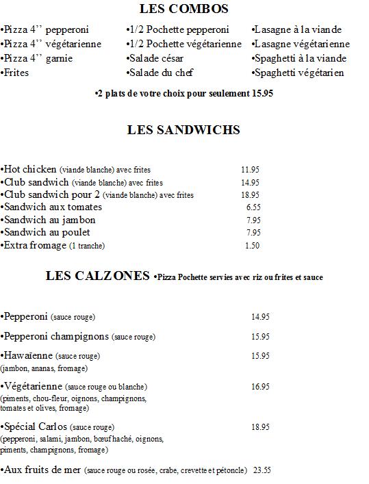 Menu at Chez Carlo's Restaurant, Sept-Iles