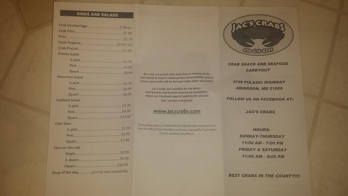 Menu at Jac's Crabs restaurant, Abingdon