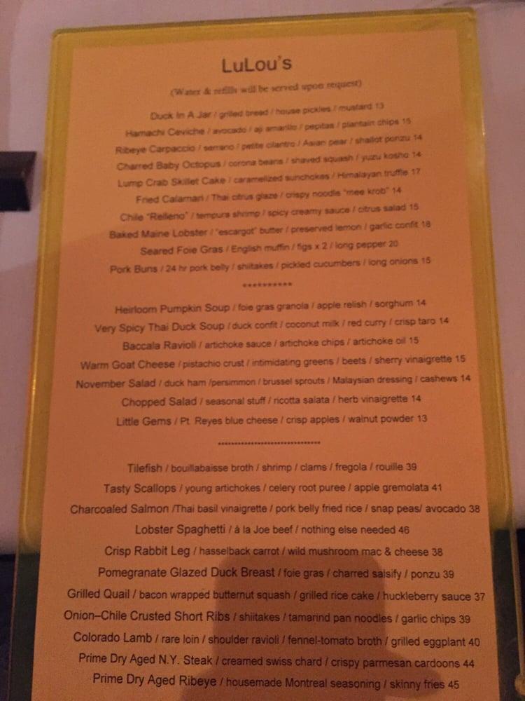 Menu at Lulou's restaurant, Reno