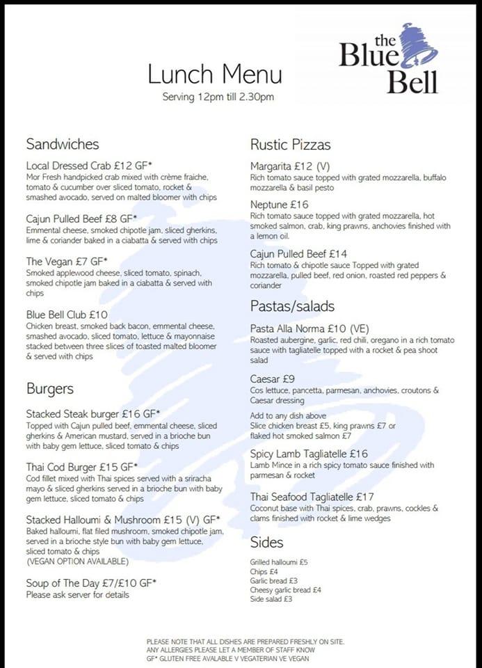 Menu at The Blue Bell Bistro pub & bar, New Quay