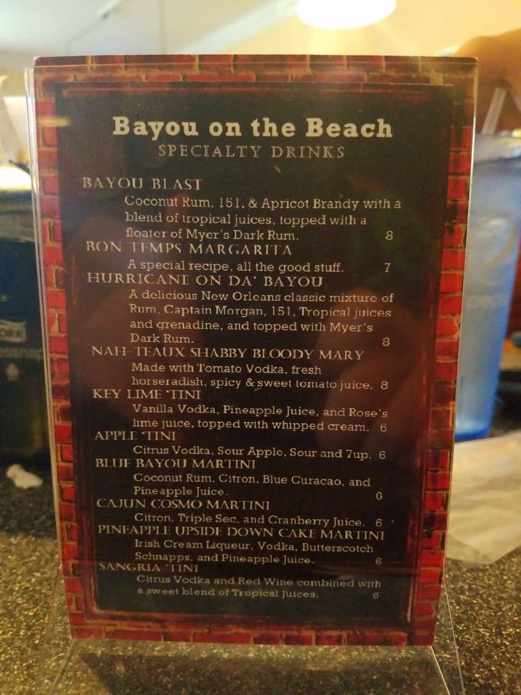 Menu at Bayou on the Beach restaurant, Panama City Beach, Hutchison Blvd