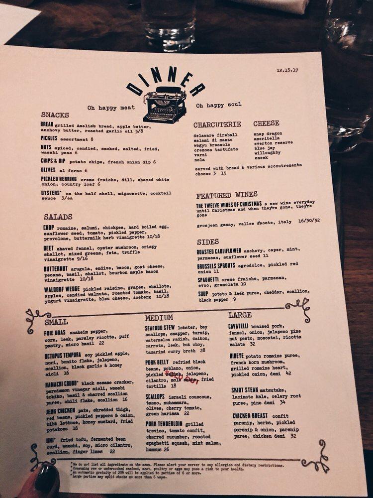Menu at Bluebeard restaurant, Indianapolis