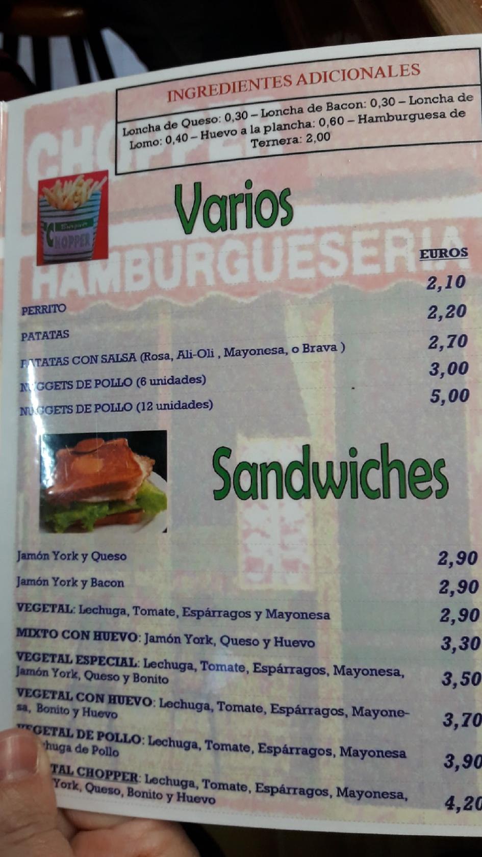 Menu at Chopper restaurant, Gijón