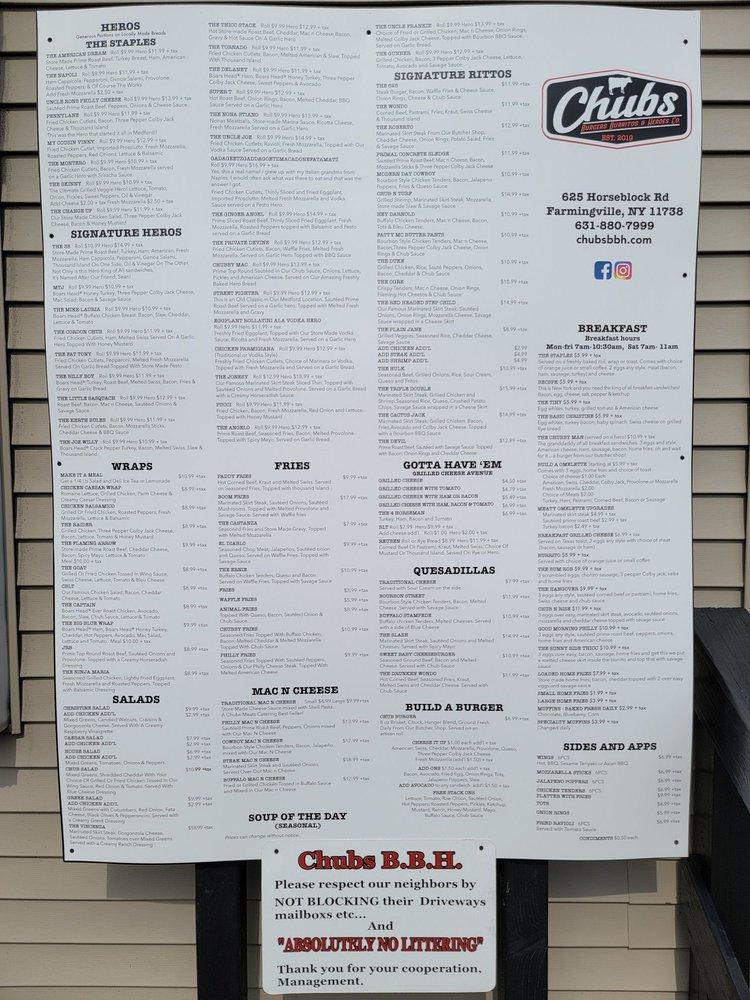 Menu at Chubs Burgers Burritos and Heroes restaurant, Farmingville