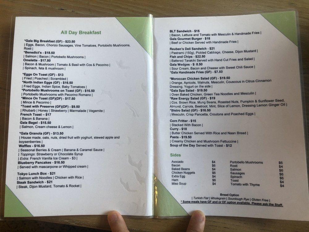 Menu at Gala Cafe, Auckland