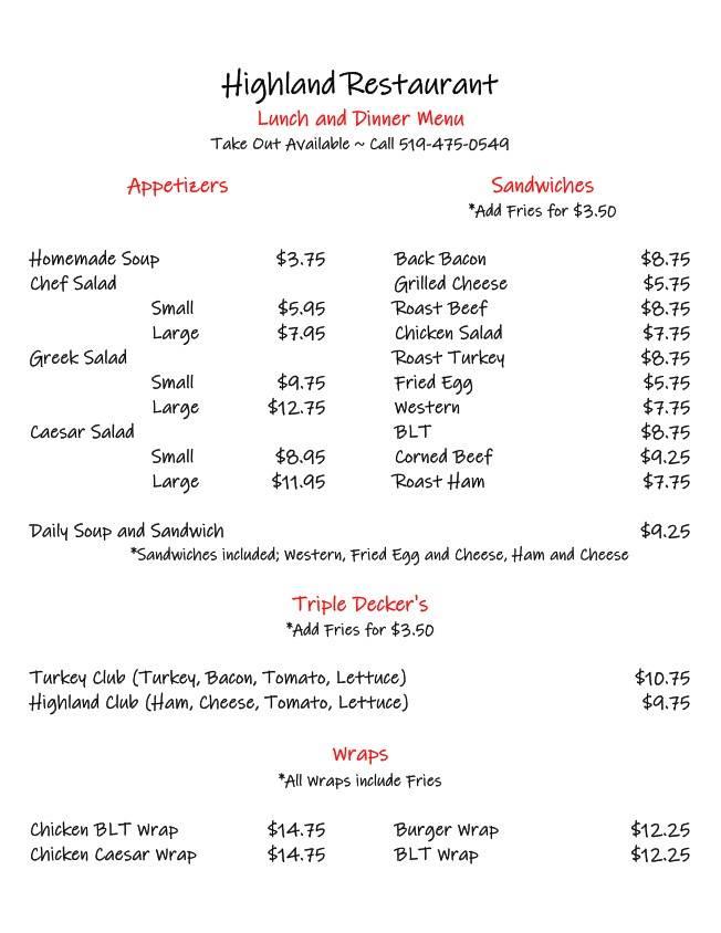 Menu at Highland Family Restaurant, Embro
