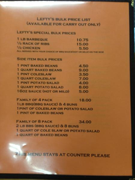 Menu at Lefty's Barbeque, Crossville, Genesis Rd