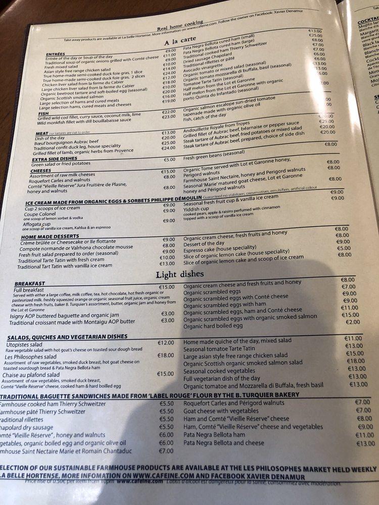 Menu at Les Philosophes restaurant, Paris, 28 Rue Vieille du Temple