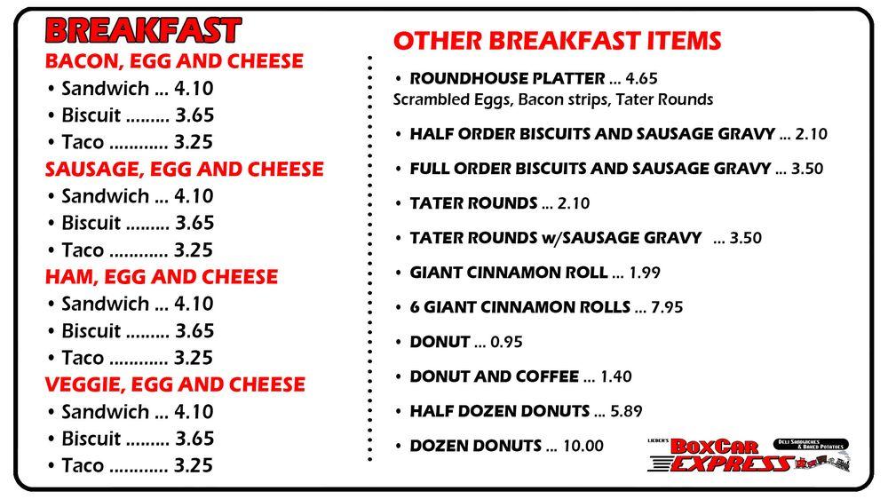 Menu at Lieber's Boxcar Express fast food, Galesburg