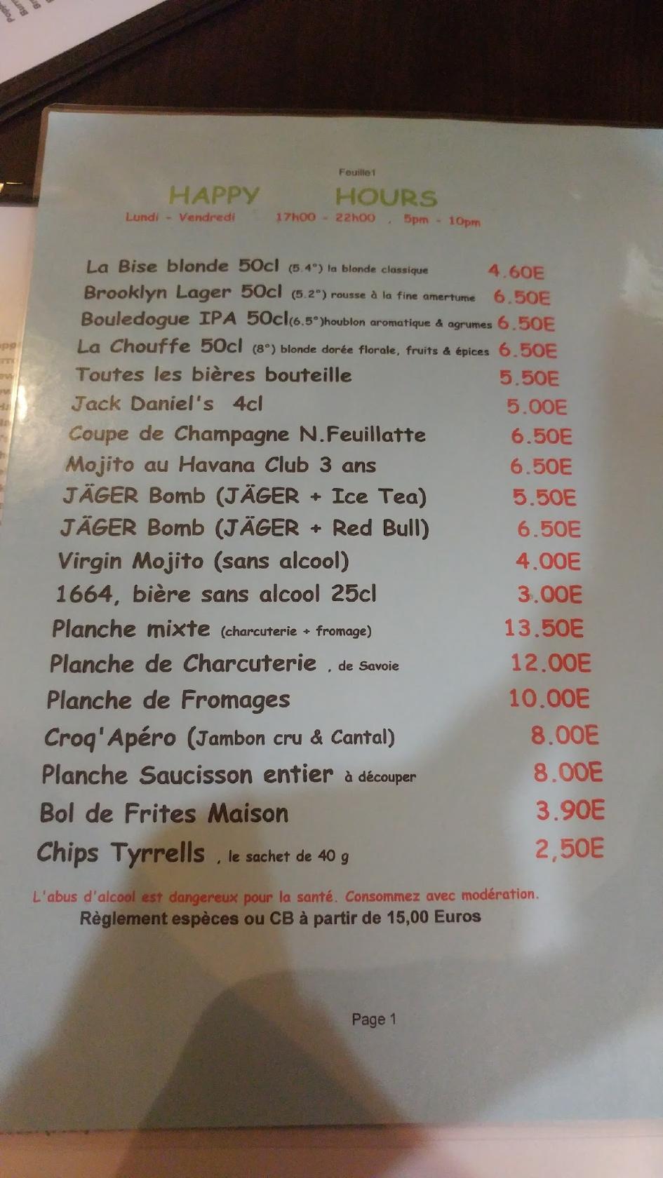 Menu at My Little Pub, Paris