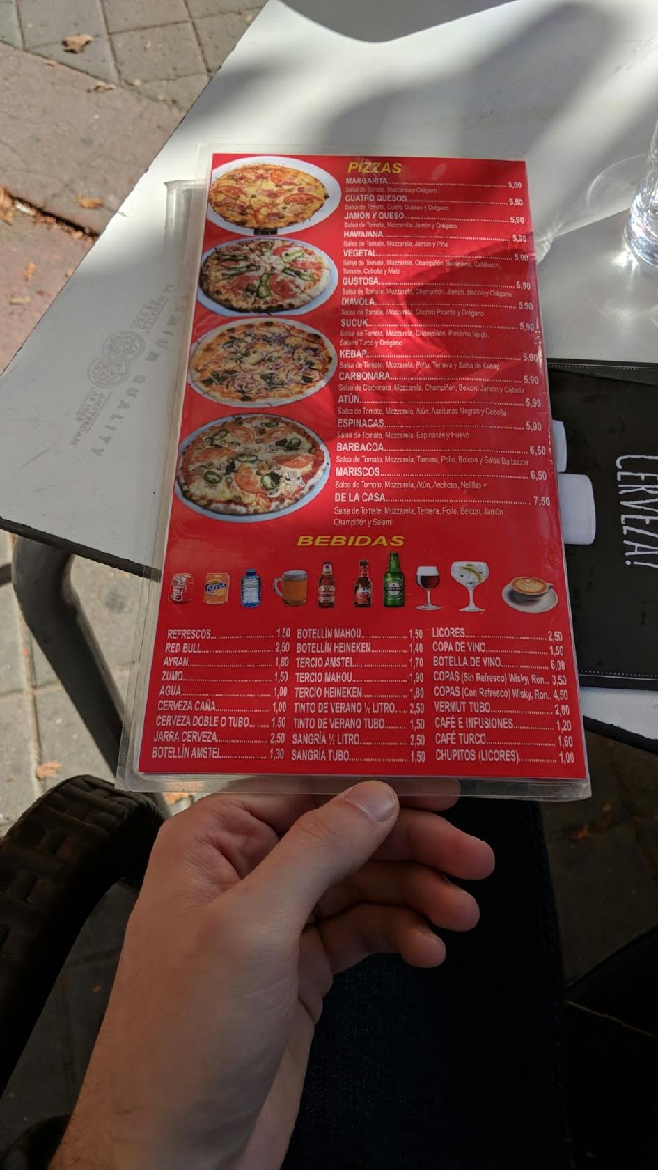 Menu at Sultan Kebap Pizza restaurant, Madrid