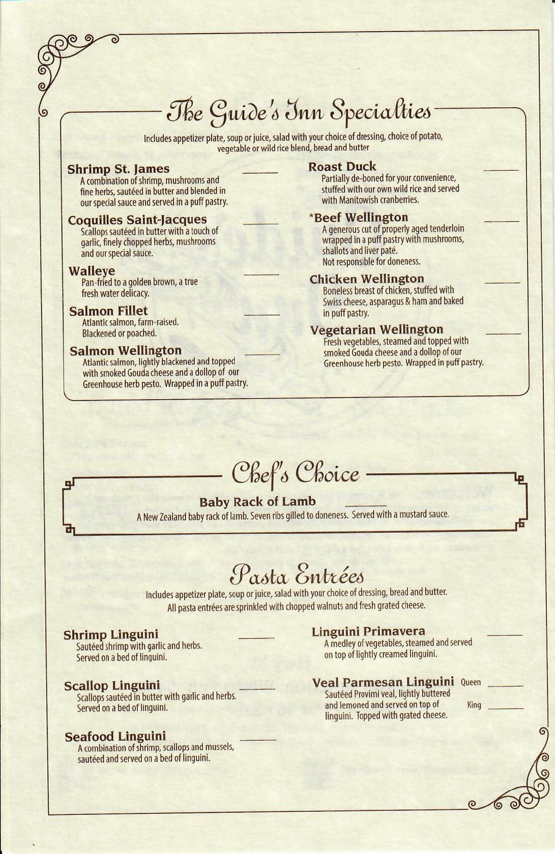 Menu at The Guide's Inn restaurant, Boulder Junction, Park St