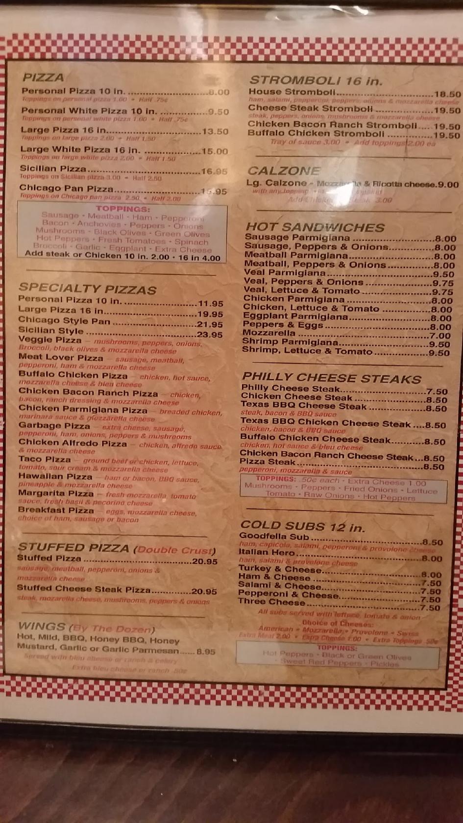 Menu at Vincents Pizza pizzeria, Towanda