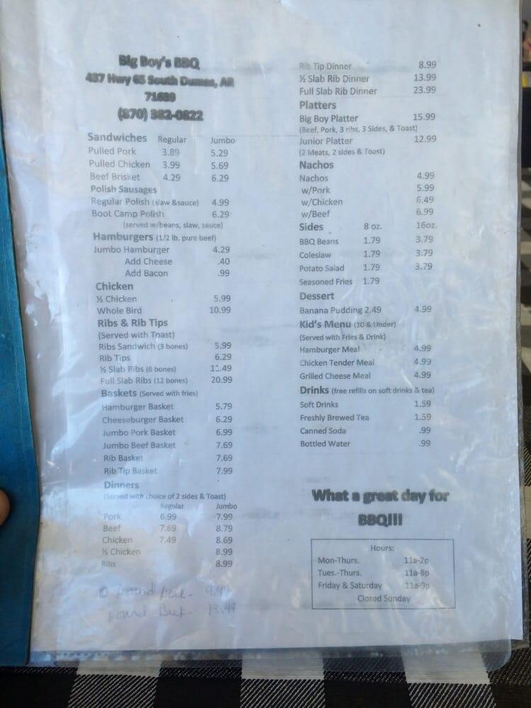 Menu at Big Boy's BBQ, Dumas, 437 US-65