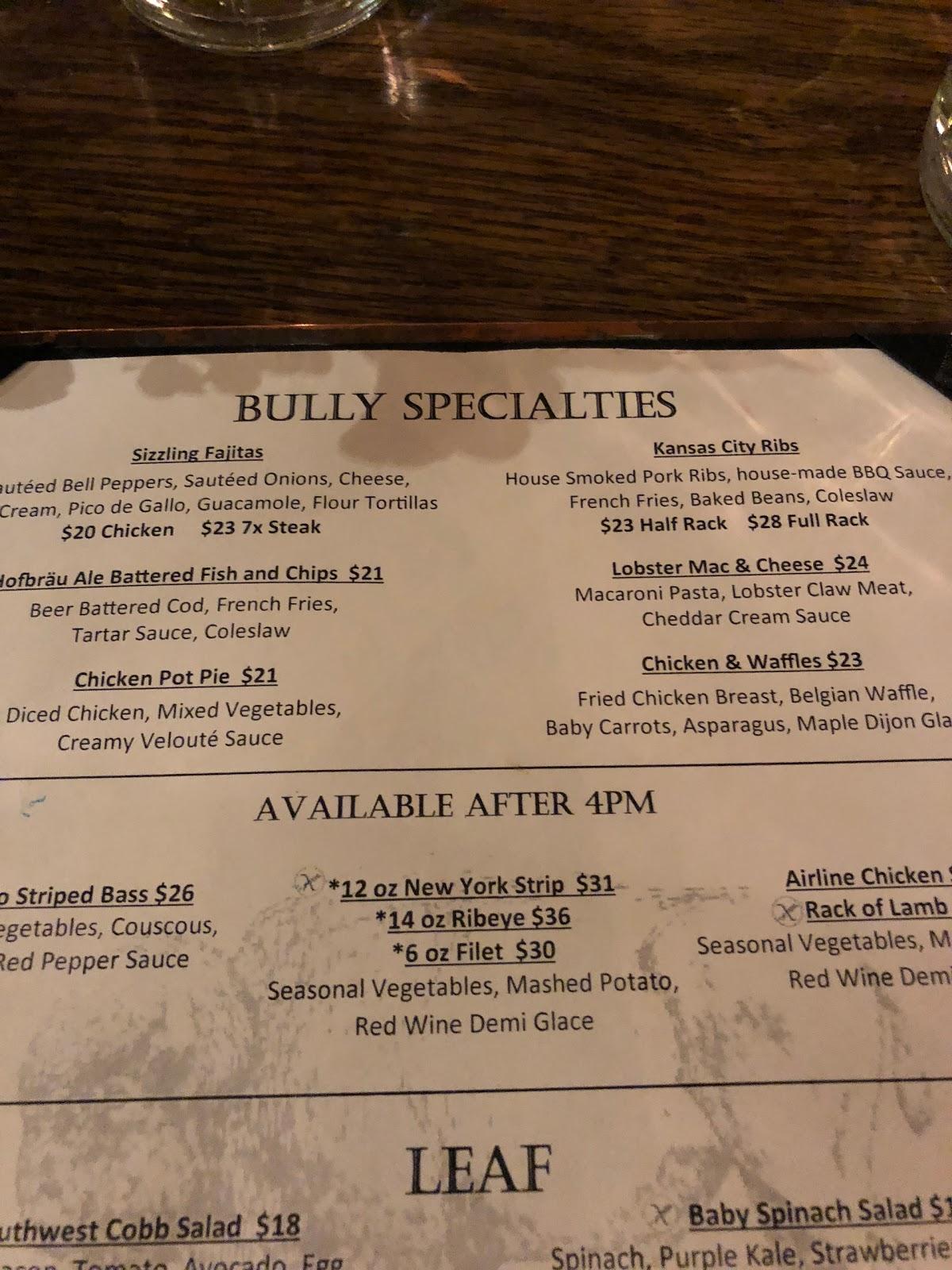 Menu at Bully Ranch Restaurant, Vail