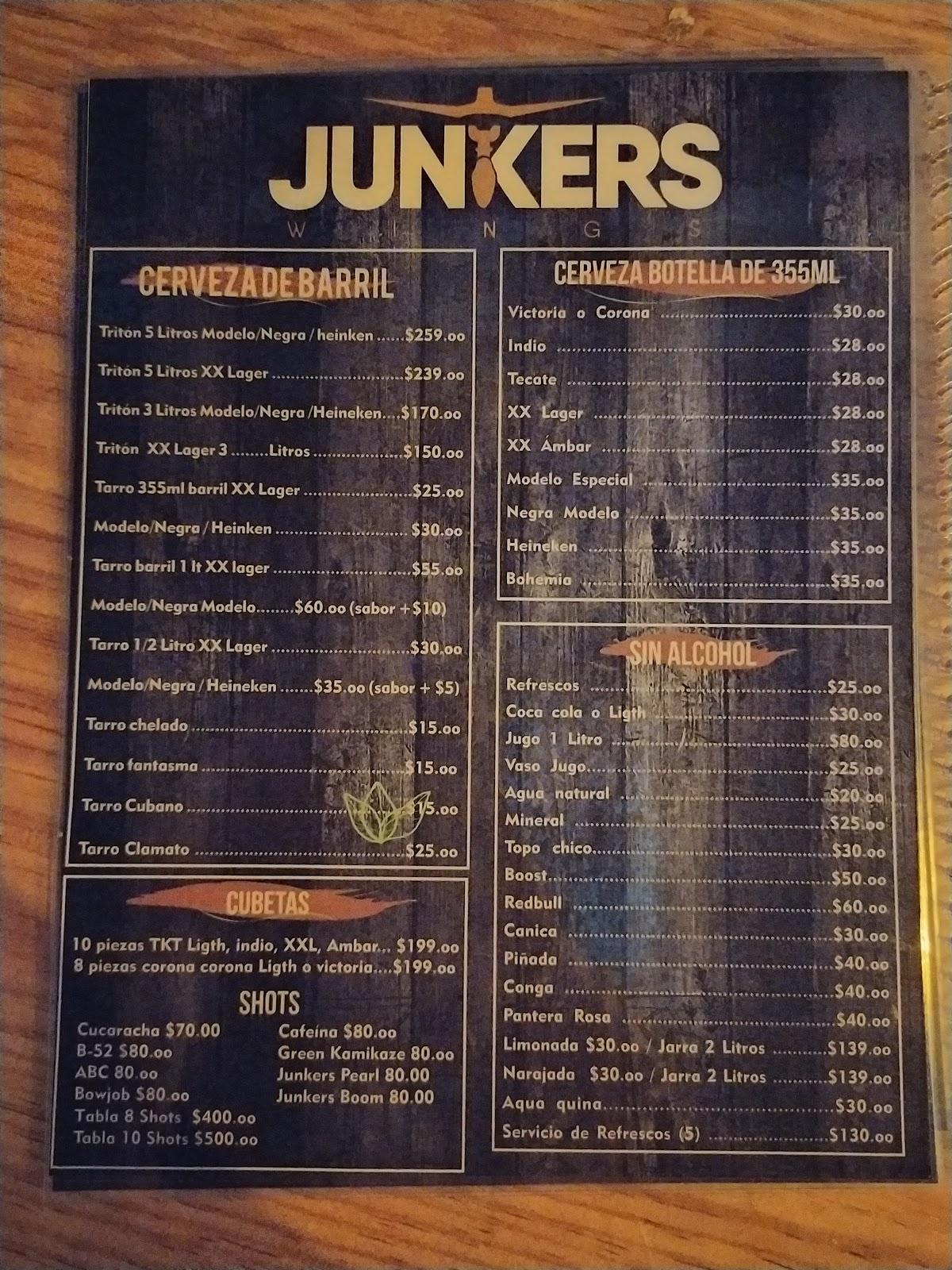 Menu at Junkers wings restaurant, Morelia