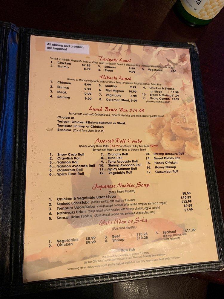 Menu at Kyoto Steakhouse & Sushi Bar, Raceland