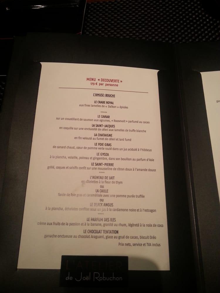 Menu at L'Atelier de Joël Robuchon restaurant, Paris