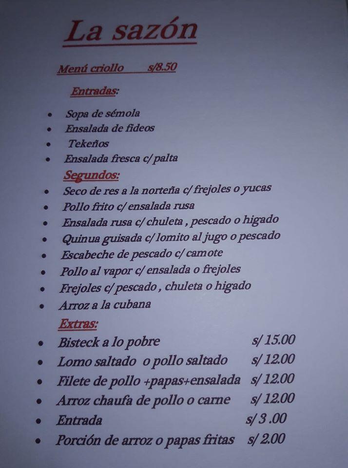 Menu at La Sazon restaurant, Ventanilla