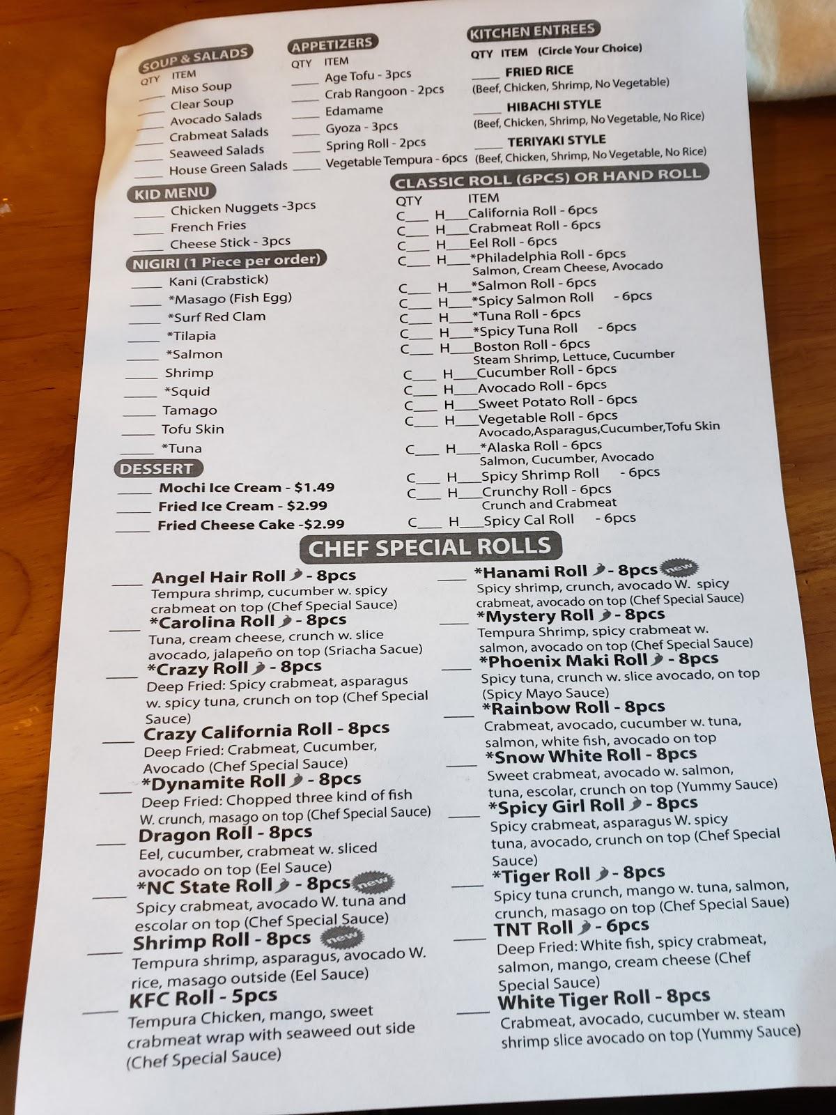 Menu at Mr Tokyo Japanese Restaurant, Matthews