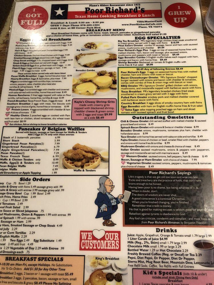 Menu at Poor Richard's Cafe, Plano