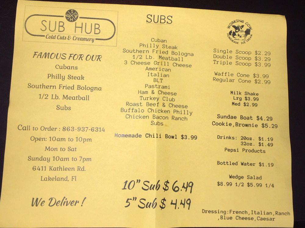 Menu at Sub Hub Of lakeland & Dairy Bar, Lakeland, Kathleen Rd