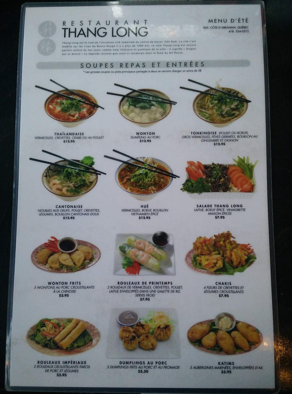 Menu au Restaurant Thang Long, Québec