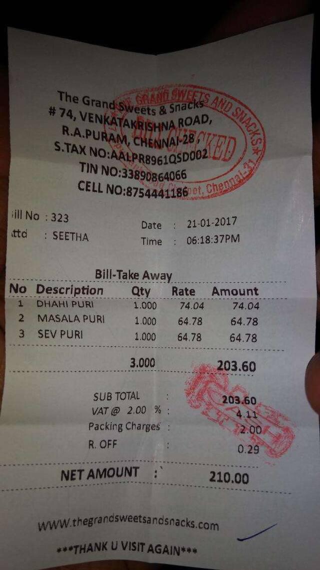Menu at The Grand Sweets & Snacks, Chennai, 74 Venkatakrishna Road