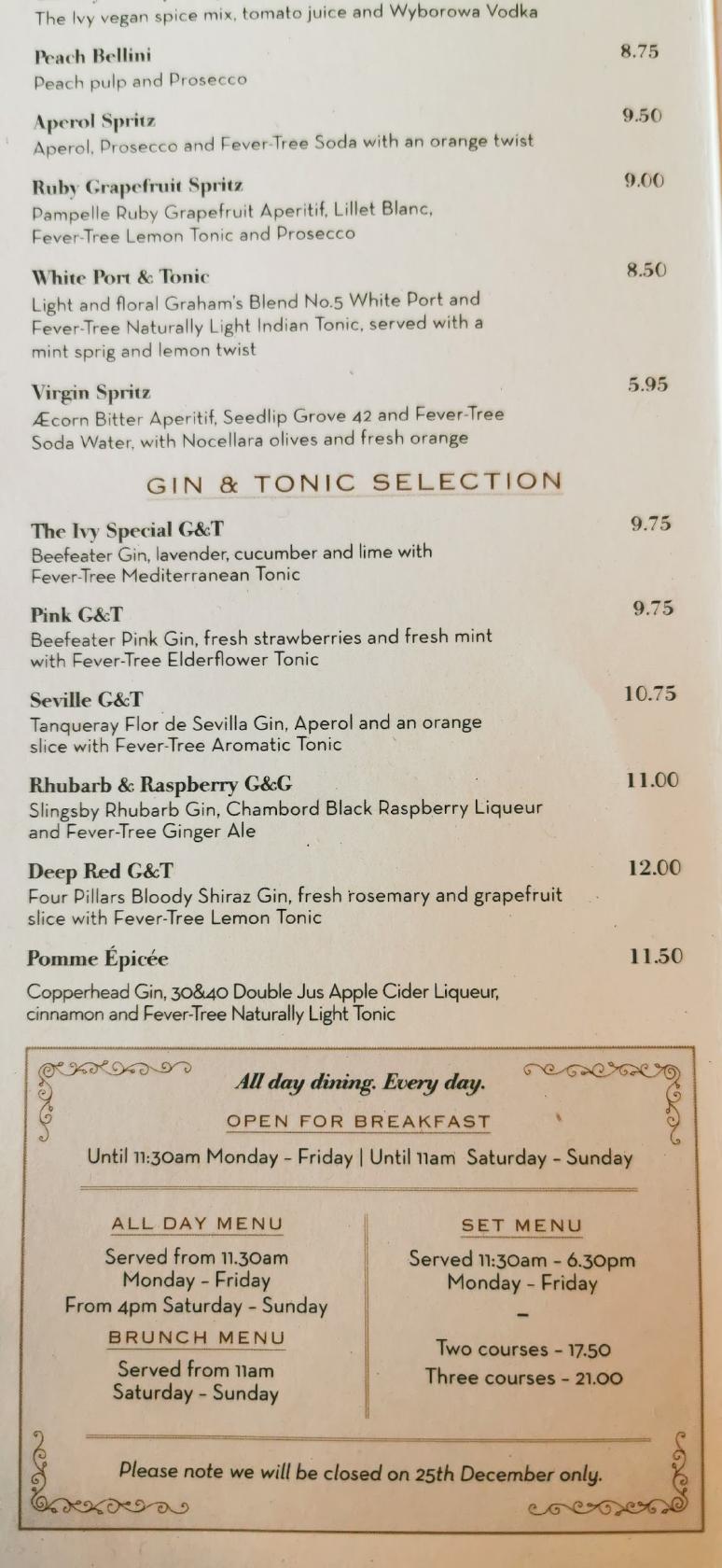 Menu at The Ivy Tower Bridge pub & bar, London