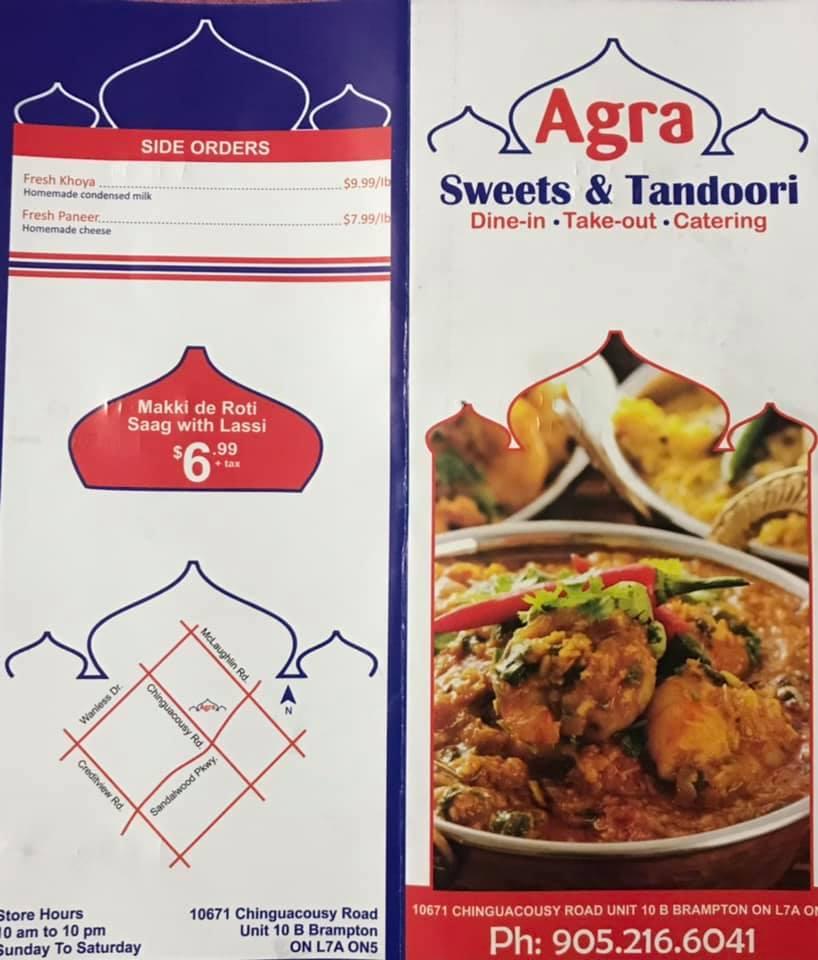 Menu at Agra Sweets & Tandoori restaurant, Brampton