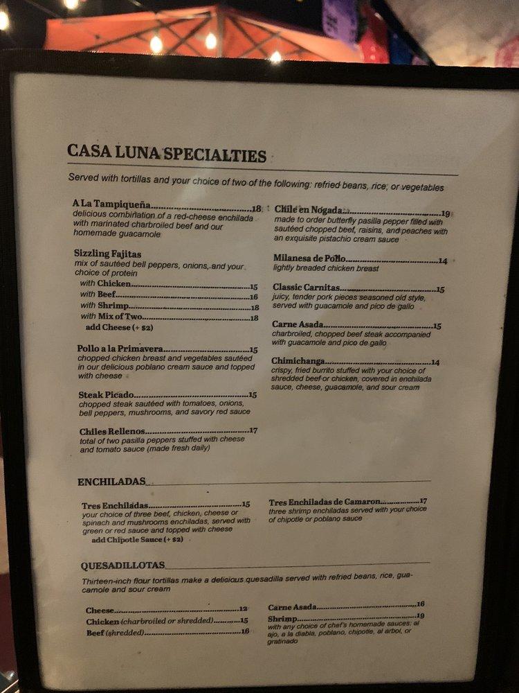 Menu at Casa Luna Mexican & Seafood Restaurant, Palm Desert