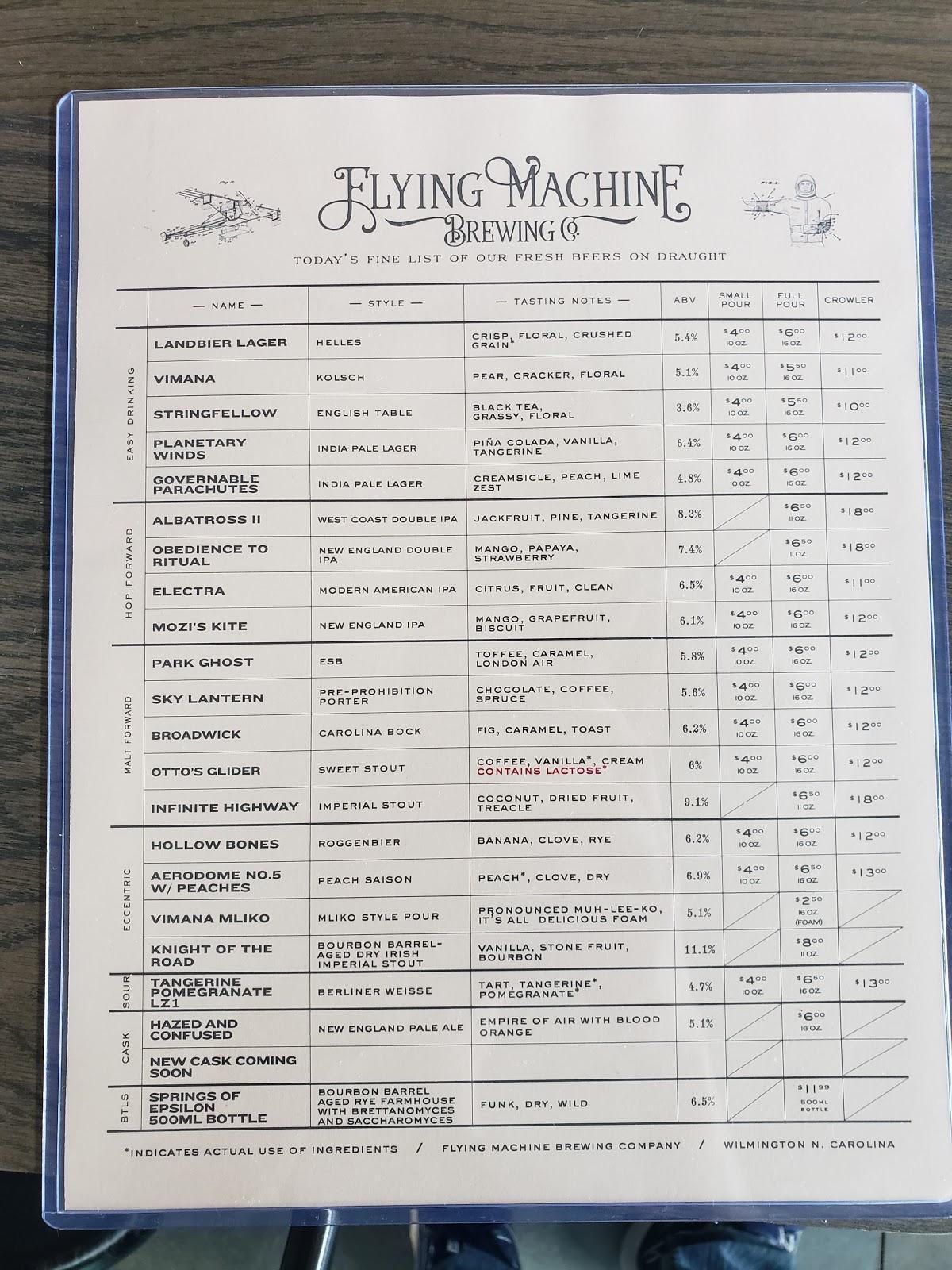 Menu at Flying Machine Brewing Company restaurant, Wilmington