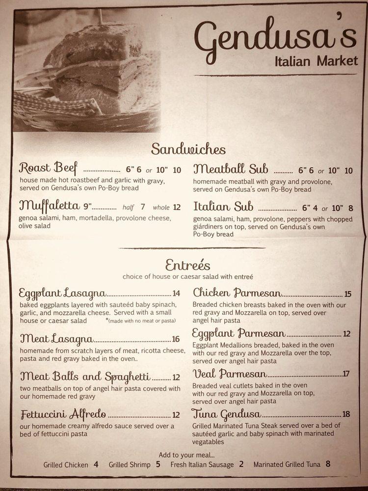 Menu at Gendusa's Italian Eatery pizzeria, Kenner