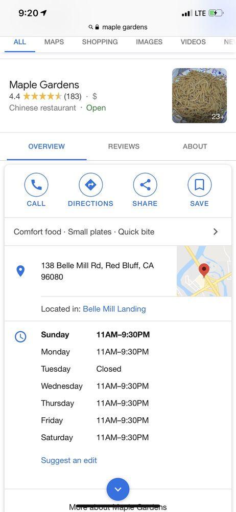 Menu at Maple Gardens restaurant, Red Bluff