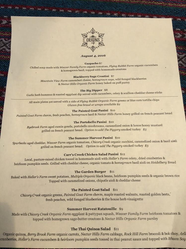 Menu at Origins Cafe, Cooperstown