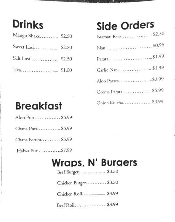 Menu at Shalamar restaurant, Webster