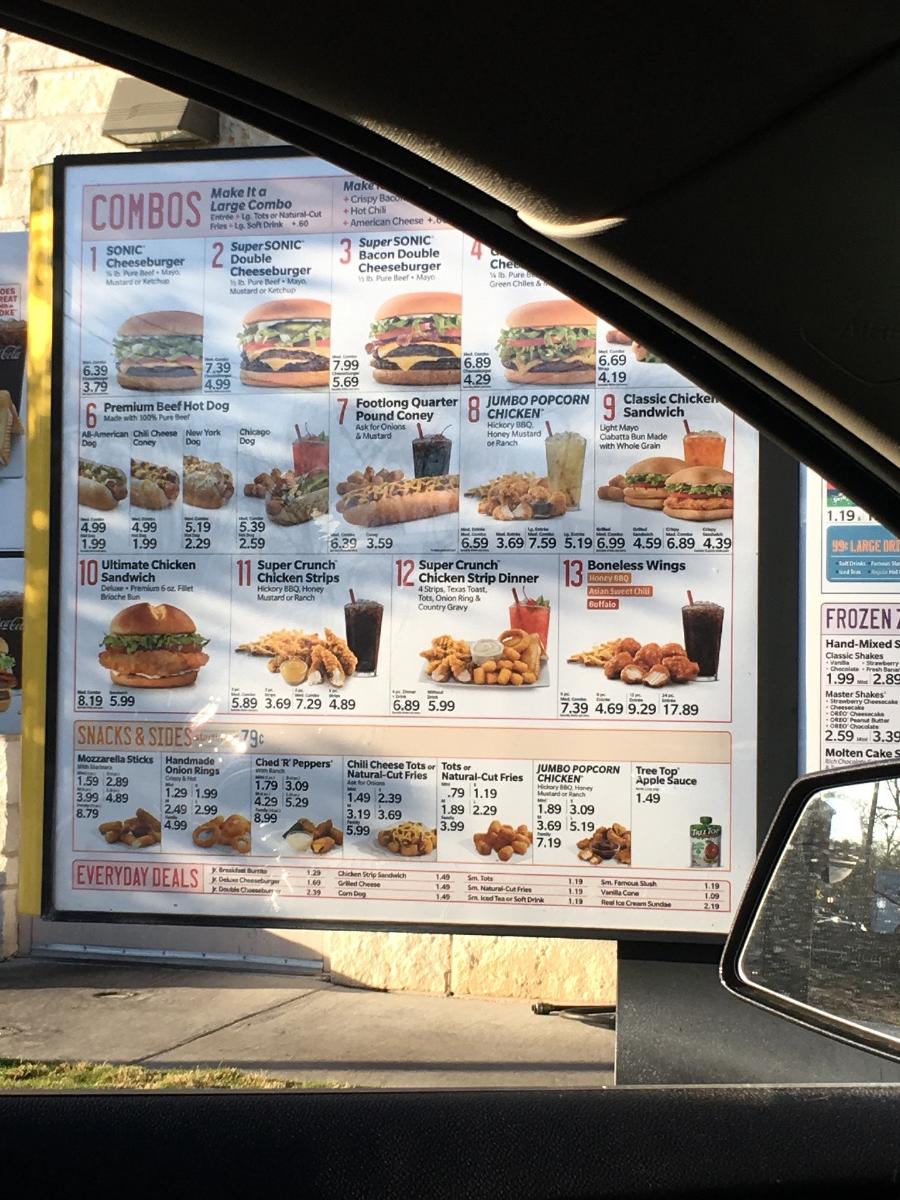 Menu at Sonic Drive-In fast food, Hico, 205 2nd St