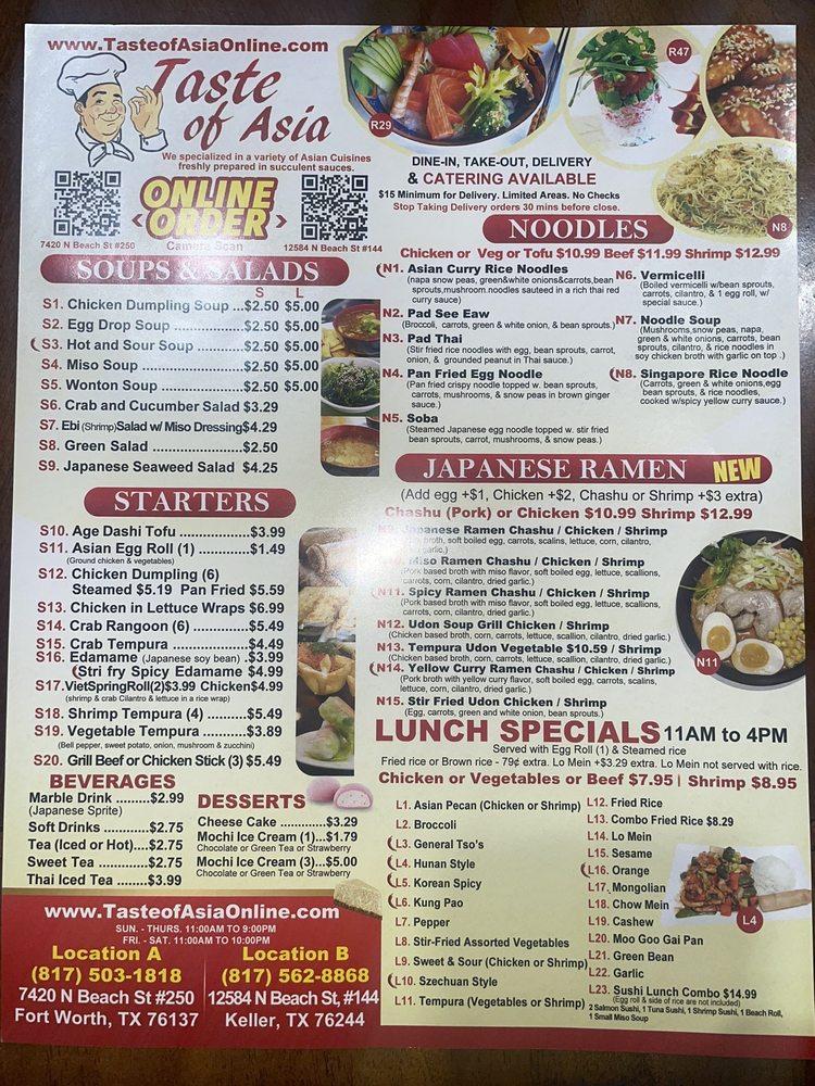 Menu at Taste of Asia restaurant, Fort Worth, N Beach St ste250